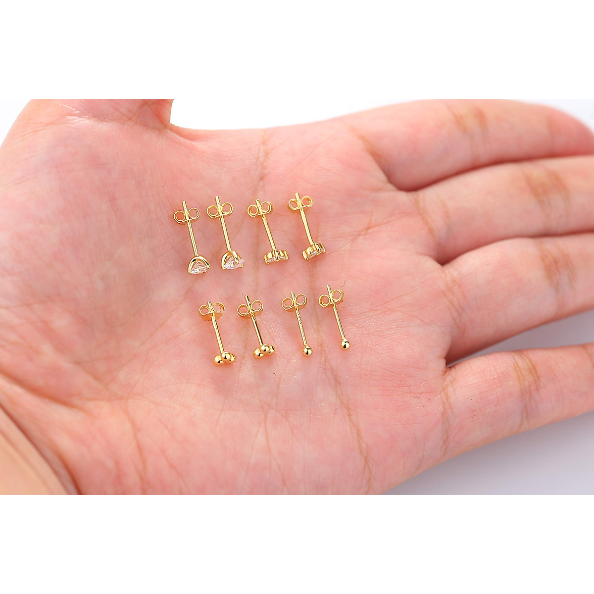 Milacolato Tiny Stud Earrings Set for Women 14K Gold Plated Sterling Silver Small Ball Trio Ball CZ Studs Round Cubic Zirconia Simulated Diamond Earring Minimalist Tragus Cartilage Piercing