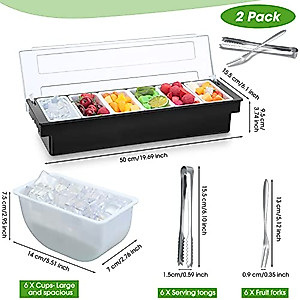 2 Pack Ice Cooled Garnish Tray Deck Bar Garnish Caddy Condiment Containers with Lids and Removable Chilled Condiment Server with 6 Tongs and 6 Fruit Forks for Home Work or Restaurant