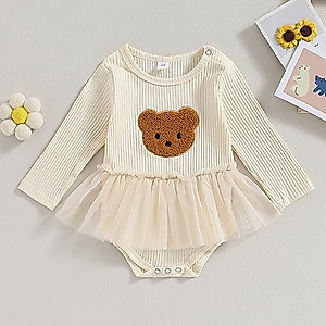 Kuriozud Baby Girls Mesh Romper Dress Bear Pattern Long Sleeve Jumpsuits for Newborn Infant Toddler Cute Clothes (Milky White, 12-18 Months)