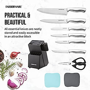 Farberware Stainless Steel Knife Block Set with Built-In Sharpener and Cutting Mats, 15-Piece Value Set, High-Carbon Stainless Steel Kitchen Knives, Razor-Sharp Knife Set with Boards, Black
