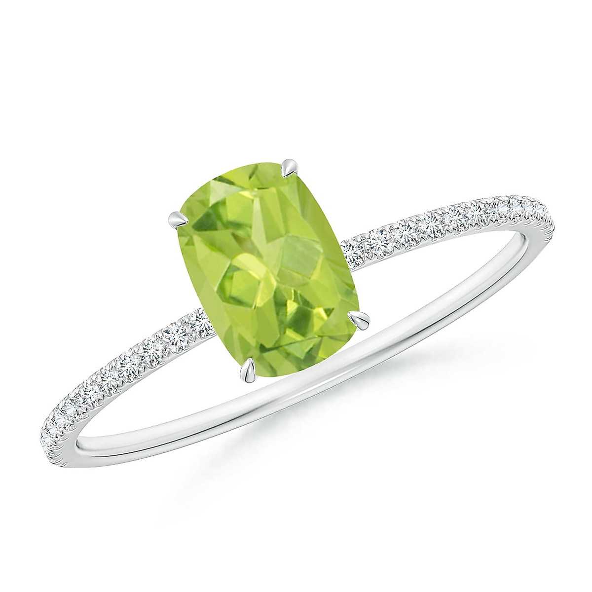 Angara Natural 1.45 Ct Peridot and 0.31 Ct Diamond Side Stones Ring for Women in 14K White Gold (Grade-AAA | Size-8x6mm) | August Birthstone, Birthday, Engagement, Anniversary Jewelry Gift For Women