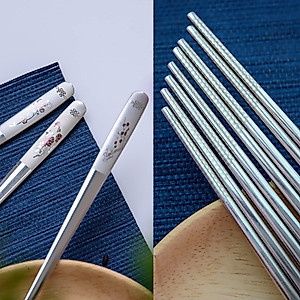 YAPULLYA Reusable Chopstick and Spoon Set, Korean Long Handle Stainless Steel Spoon and Chopsticks Set, Dishwasher Safe Metal Chop sticks, Set of 3. (Multi-patterned)