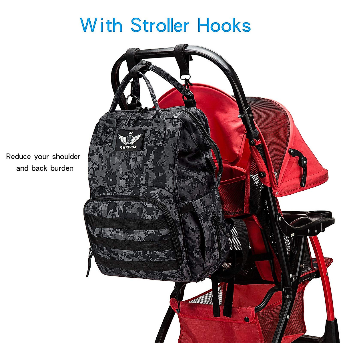 QWREOIA Diaper Bag Backpack with USB Charging Port Stroller Straps and Insulated Pocket,army military Travel Nappy Backpack for Dad/Mom (Black Camo)