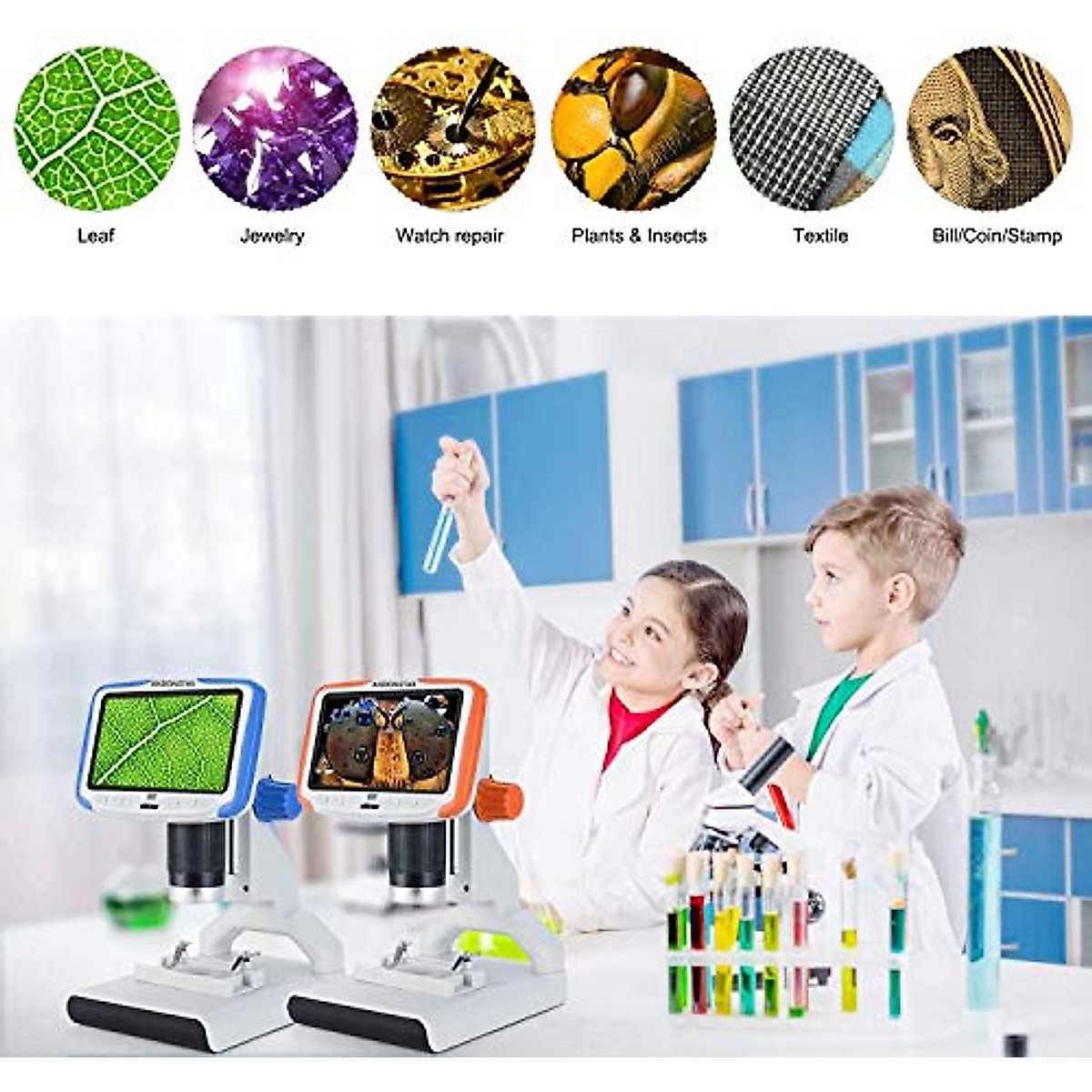 Andonstar AD205 Digital Microscope 200X Magnification USB LCD Microscope for Children, Student, Hobbyist DIY, with Slides Kit School Lab Fun&Educational Plant Insect Specimen Slides Observation