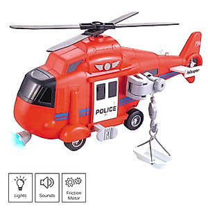 Vokodo Fire Rescue Helicopter 11" With Lights Sounds Push And Go Includes Cargo Basket Durable Kids Firefighter Friction Chopper Toy Pretend Play Airplane Truck Great Gift Children Boys Girls Toddlers