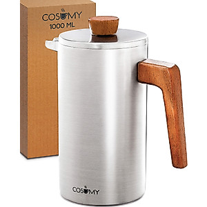 French Press Coffee Maker 34 oz - Made of Stainless Steel & Sustainable Oak Wood - Double-Walled Insulated - 2 Additional Filters - For 5 Cups
