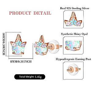 Hypoallergenic Unicorn Stud Earrings for Women 925 Sterling Silver Rose Gold Unicorn Opal Earring Studs for Sensitive Ears Unicorn Gifts.