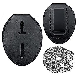 Police Badge Holder,Cowhide Universal Badge Holders Belt Clip,Metal Clip and Chain Included for Law Enforcement Officer Gifts (Black)