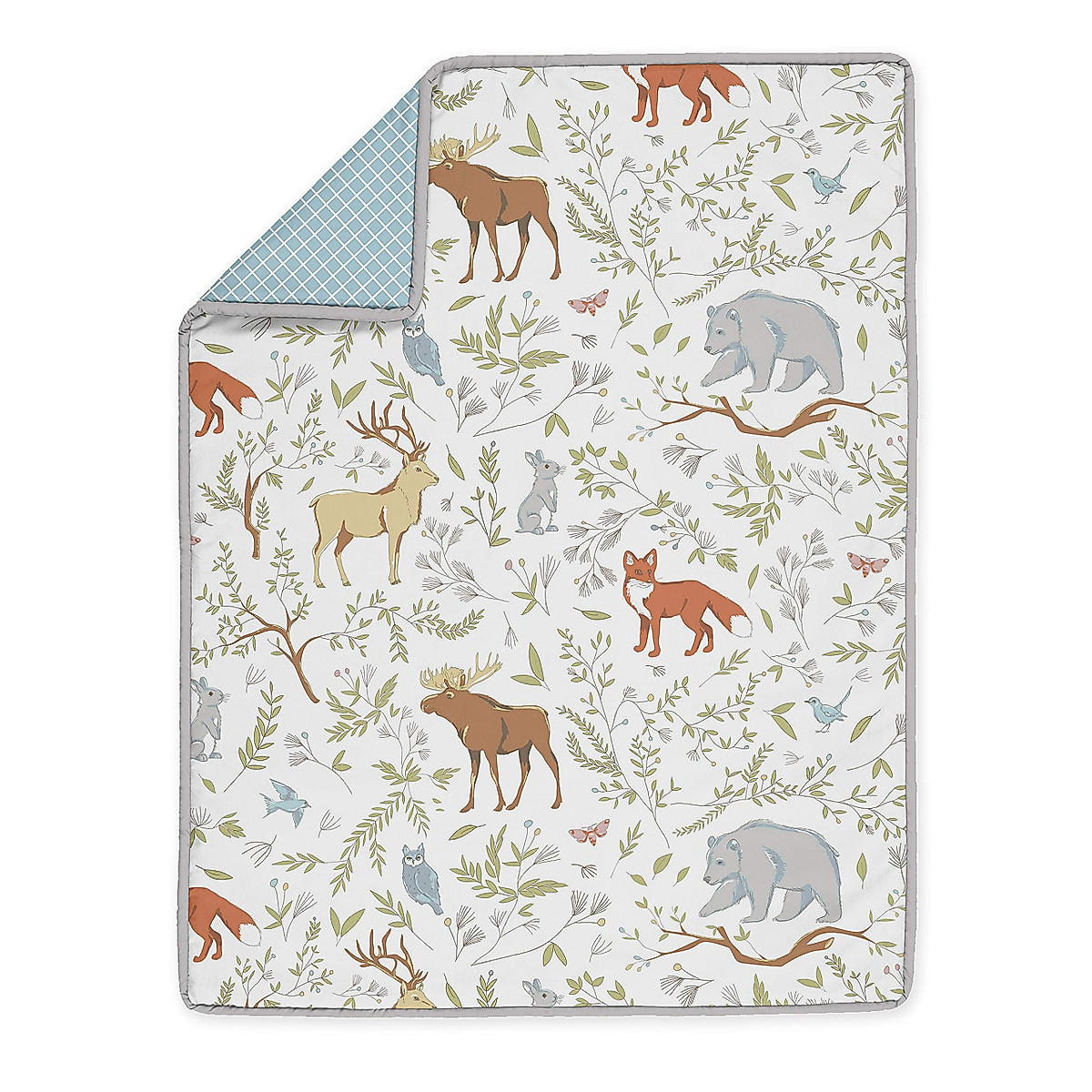 Sweet Jojo Designs Blue, Grey and White Woodland Deer Fox Bear Animal Toile Girl or Boy Baby Bedding 4 Piece Crib Set