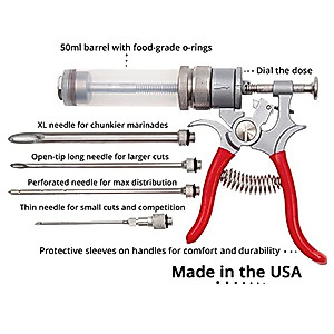 SpitJack Magnum Meat Injector Gun. Food Flavor Injection Syringe for Smoked BBQ Marinades and Meat Seasoning. 4 needles for Pork Butt, Beef Brisket, Turkey Breast. 50ml Capacity. Made in the USA.