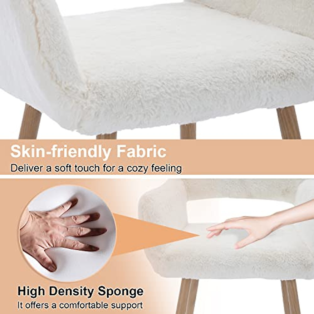 HomVent Modern Faux Fur Vanity Chair Elegant White Furry Makeup Desk Chairs for Girls Women Comfy Fluffy Arm Chair with Wood Metal Legs Cute Desk Chair for Bedroom Living Room Home Office Makeup