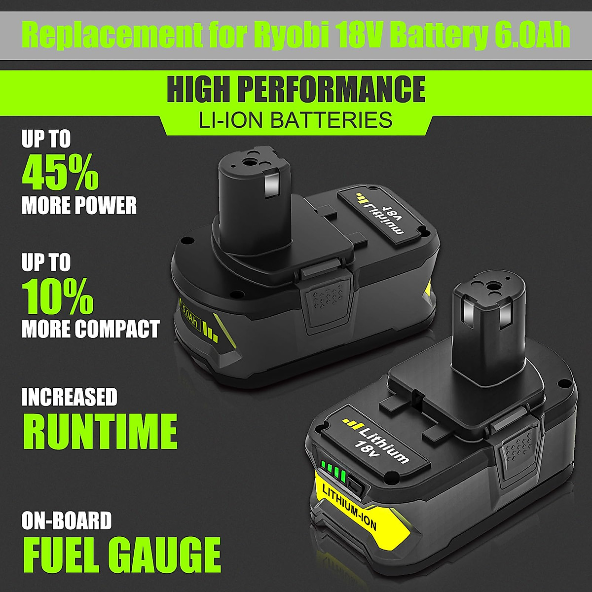 Amsbat 2 Packs 6.0Ah Replacement for Ryobi 18V Battery Lithium 18 Volt Battery P102 P104 P105 P107 P108 P109 P190 P122 Cordless Power Tools [Upgraded to 6.0Ah](Yellow)