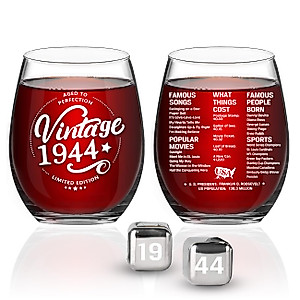Greatingreat 1944 Old Time Information 80th Birthday Gifts for Women Men - 1944 Vintage 15 oz Stemless Wine Glass - 80 Year Old Birthday Party Decorations - Eighty Class Reunion Ideas