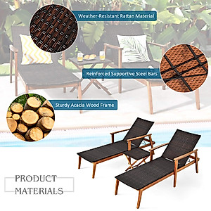 Tangkula 3 Pieces Outdoor Chaise Set, Wicker Rattan Lounge Chair w/Acacia Wood Frame, 4 Adjustable Positions Patio Wicker Lounge Set & Foldable Side Table, Suitable for Lawn, Backyard (Mix Brown)