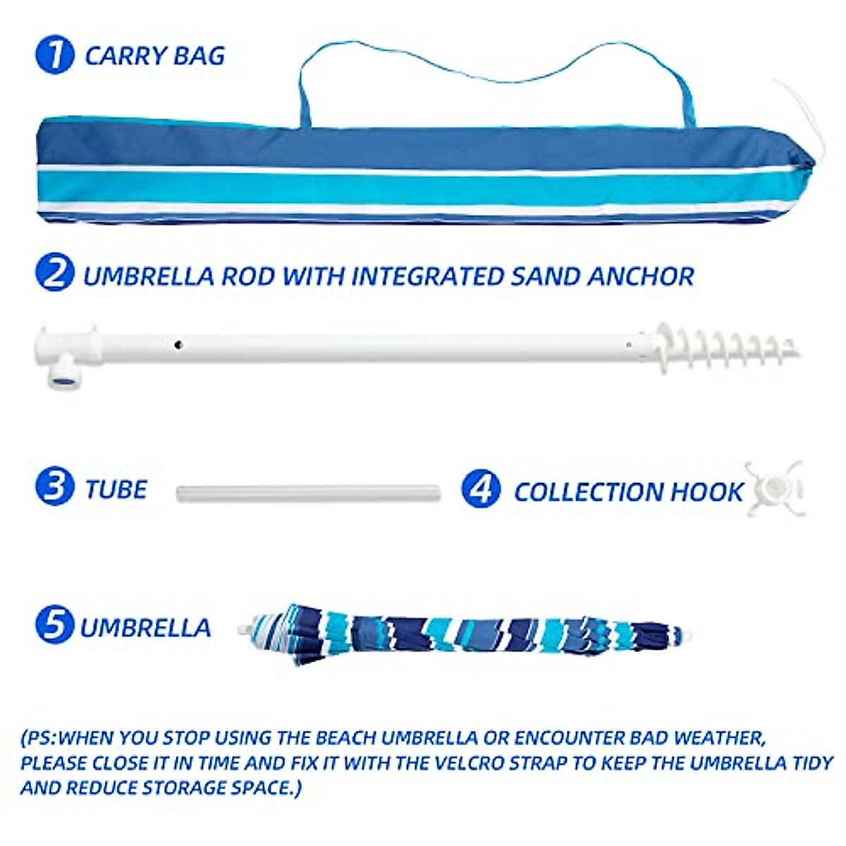 MEWAY 6.5ft Beach Umbrella with Sand Anchor & Tilt Mechanism, Portable UV 50+ Protection, Outdoor Sunshade Umbrella with Carry Bag, for Garden Beach Outdoor