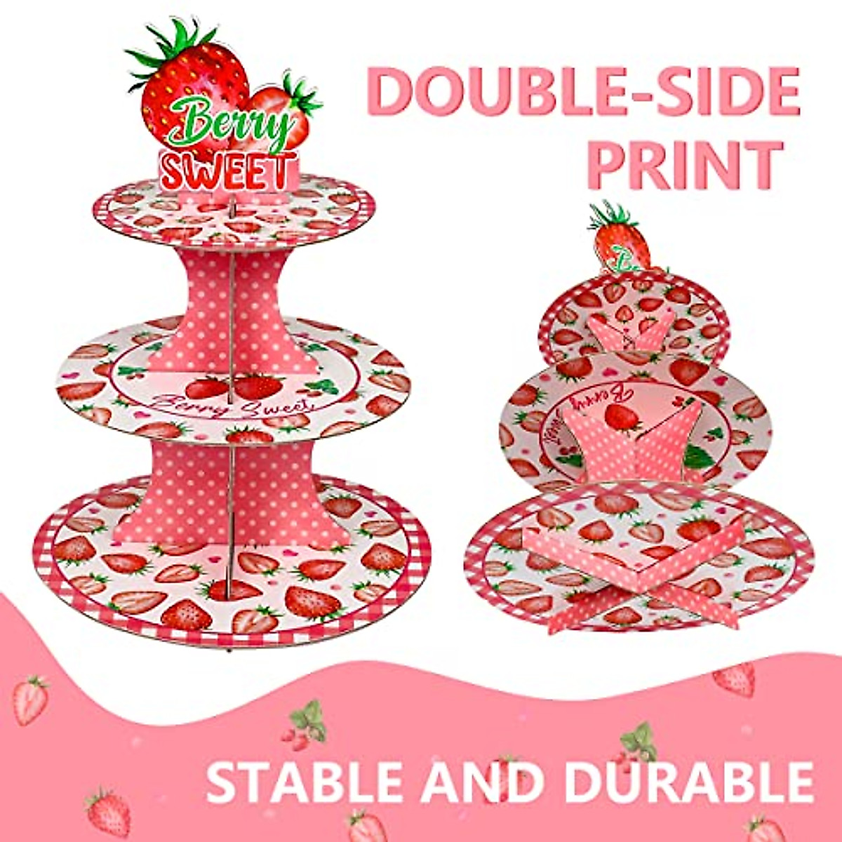 Strawberry Cupcake Stand - Berry Sweet Birthday Party Decorations, 3 Tier Round Strawberry Themed Dessert Tower Stand, Cupcake Holder Stand for Sweet One Birthday Party Decorations