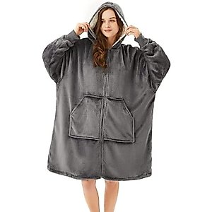 CYMULA Wearable Blanket Hoodie, Oversized Giant Hoodie Wearable Blanket Sweatshirt for Adult, Sherpa Fleece Blanket Hoodie with Pocket for Women Men, Warm Cozy Blanket with Zipper Sleeves Gray