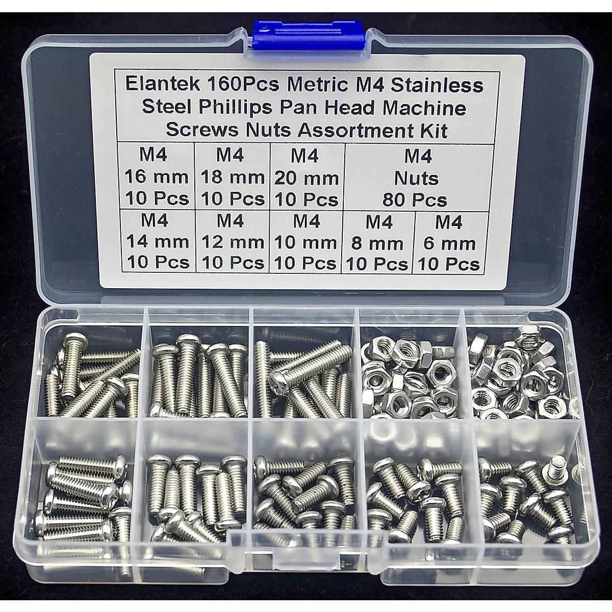 Elantek 160Pcs Metric M4 304-Stainless Steel Phillips Pan Head Machine Screws Nuts Assortment Kit- M4 x 6mm/ 8mm/ 10mm/ 12mm/ 14mm/ 16mm/ 18mm/ 20mm