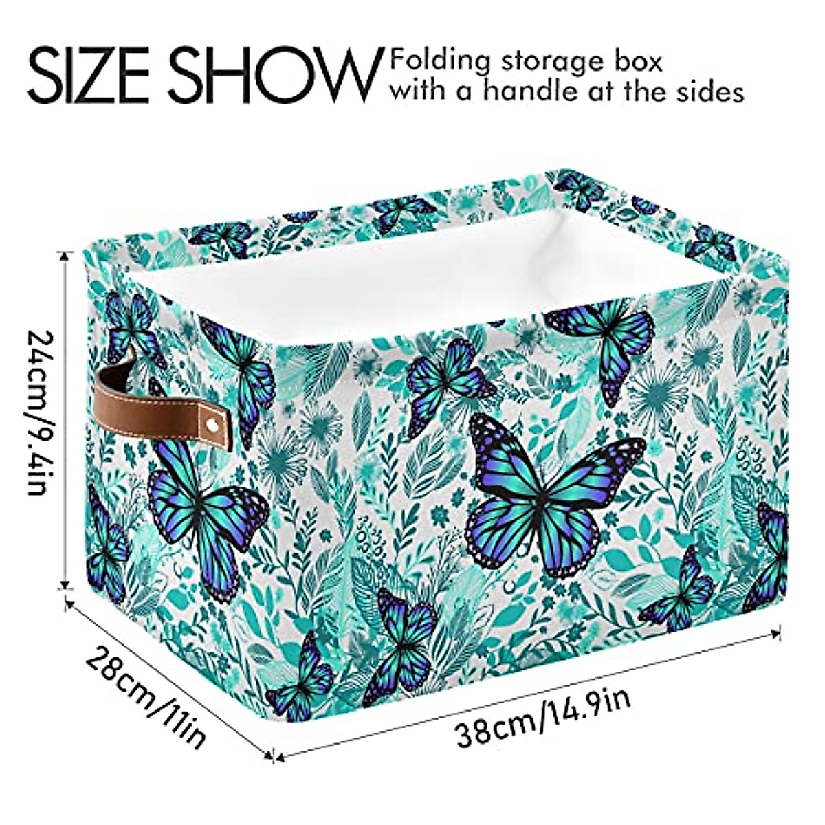 KEEPREAL Blue Butterflies Storage Basket Bin, Large Cube Storage Box Canvas Collapsible Storage Organizer for Home Office Closet - 15 L x 11 W x 9.5 H