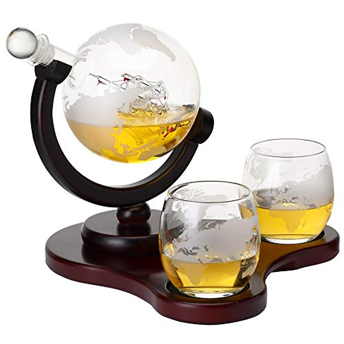 Verolux Whiskey Globe Decanter Set with 2 Etched Glasses in Gift Box - Birthday gifts for men and women - Home Bar Accessories for Bourbon, Scotch, Liquor, Whisky, Gin, Rum, Tequila, Vodka and Brandy