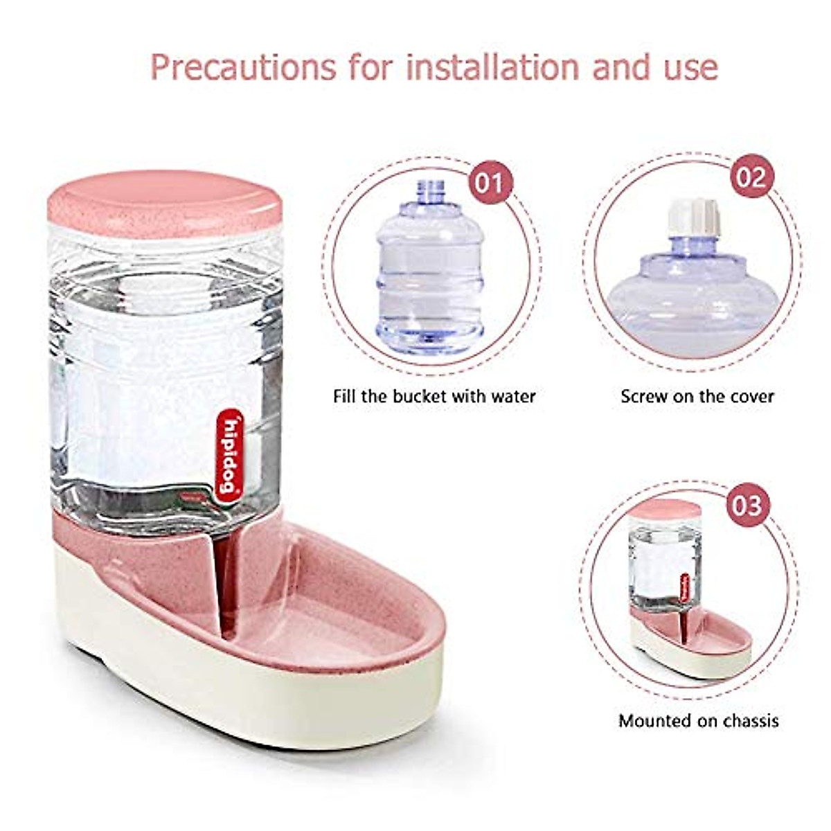Automatic Cat Feeder Automatic Dog Water Dispenser 1 Gallon Double Bowl Design for Cats or Small Pets (Pink Water)
