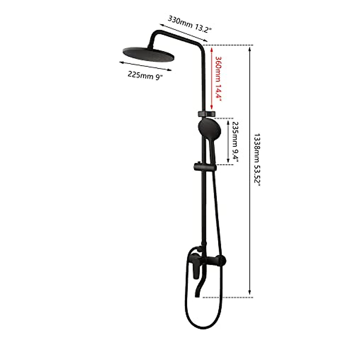 Yanksmart Black Shower System Set Rainfall Spout Round Head with Wall Mounted Handheld Spray Mixer Tub Shower Faucet Set