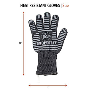 BBQ Butler Heat Resistant Grill Gloves - Grilling/Oven/Smoking/BBQ/Campfire Gloves - Cooking Gloves - High Heat Resistance - Silicone Grip Strips - Black - Two Gloves