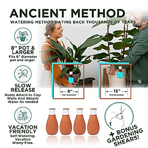 Everbrook Plant Watering Globes - Terracotta Watering Spikes - Slow Release Olla Watering Pots - Holds 16 oz - Self Watering Spikes - Bonus Garden Shears