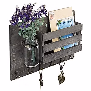 MyGift Vintage Gray Wood Key and Mail Holder for Wall Rack with 6 Hooks and Decorative Mason Jar Vase