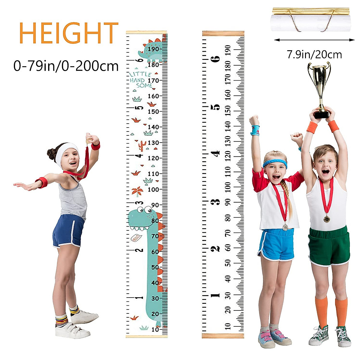 2 Pack Kids Baby Hanging Growth Chart,Hanging Ruler Wall Decor Ruler,Wood Frame Fabric Canvas Removable Height Measurement Ruler for Kids,Toddlers and Babies(Dinoaurs and Basic Styles)