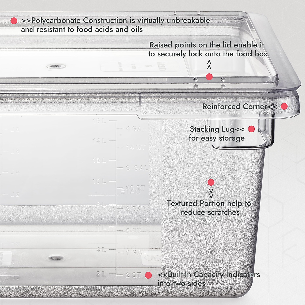 CURTA 4 Pack Food Storage Box with Lid, 5 Gallon - 18" x 12" x 9" NSF Listed Commercial Grade Clear Polycarbonate Container for Commercial Kitchen Restaurant Cafeteria