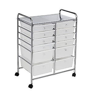 XDONE Rolling Storage Cart and Organizer with 12 Plastic Drawers，Clear，25.31 Lx 15.16W x 32.09H