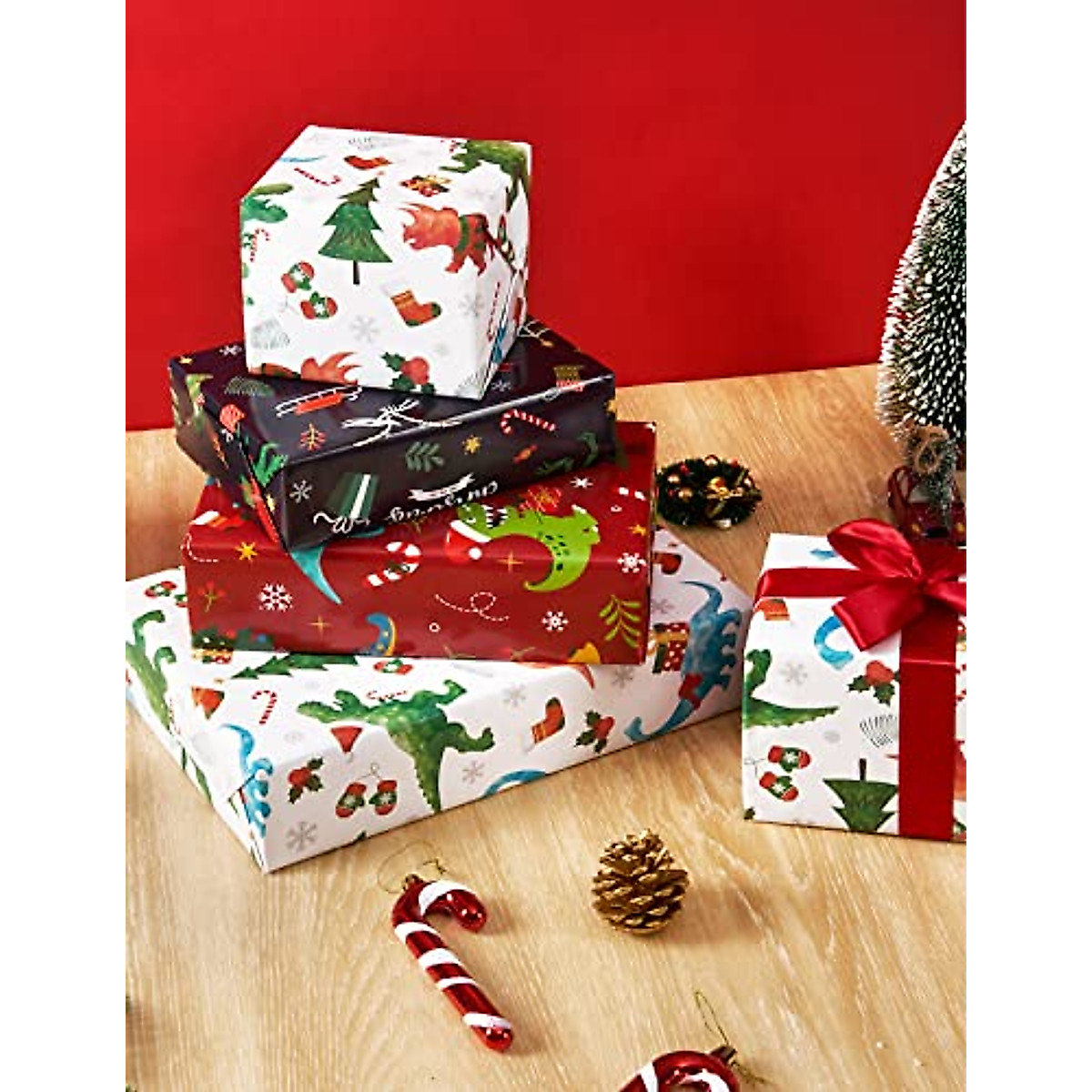 Christmas Dinosaur Wrapping Paper - 10 Sheets 20" x 27" Boys Dinosaur Wrapping Paper Kids Christmas Wrapping Paper Flat Fold Holiday Wrapping Paper Xmas Dinosaur Gift Wrap Birthday Wrapping Paper