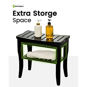 OasisSpace Bamboo Shower Bench with Storage Shelf, Waterproof Shower Chair Wooden Spa Bath Organizer Seat Stool for Inside Shower, Bathroom Bench Seat for Adults Seniors Elderly for Indoor or Outdoor