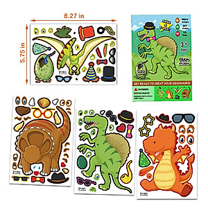 Dinosaur Stickers,Make Your Own Dinosaur Stickers,Make A Dinosaur Stickers DIY Stickers Dinosaur Party Sticker Craft Game,Dino Theme Birthday Party Favors for Kids (24 Sheets) (Make-A-Dinosaur Stickers)