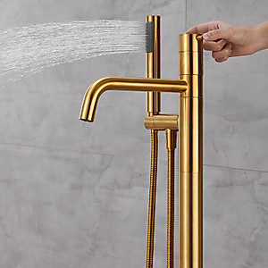 Qinkell Freestanding Bathtub Faucet Tub Filler Brushed Gold Floor Mount Brass Single Handle Bathroom Faucets with Hand Shower