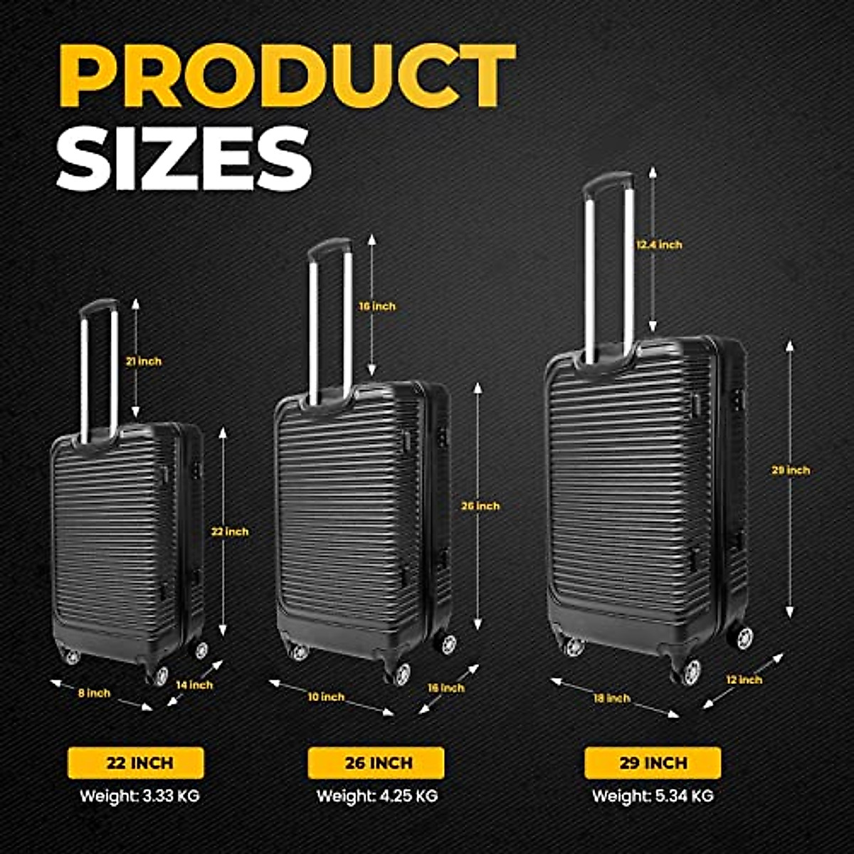 SO-FLY 3 Piece Luggage Sets Long Lasting ABS Durable Lightweight Hardshell Spinner Wheels 3pcs Hardside Suitcases with TSA Locks & 3-Year Warranty (Black)