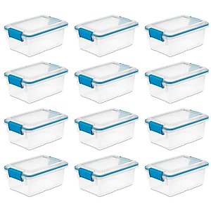 Sterilite 7.5 Qt Gasket Box, Stackable Storage Bin with Latching Lid and Tight Seal, Plastic Container to Organize Basement, Clear Base, Lid, 12-Pack