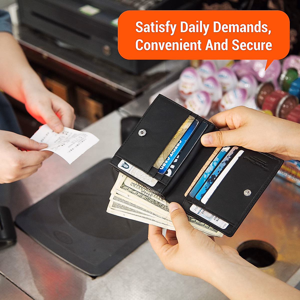 HUMERPAUL Chain Wallet for Men, Genuine Leather Bifold Wallets Rfid Blocking Men Purse with Zipper Coin Pocket (Black)