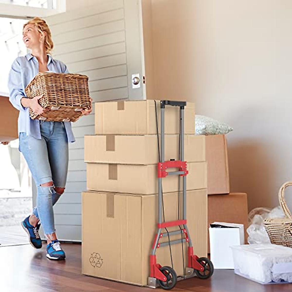 Goplus Folding Hand Truck, Lightweight Dolly Cart with Bungee Cord, Telescoping Handle, 2 Wheels, Portable Hand Cart for Office Home, Foldable Hand Truck Dolly