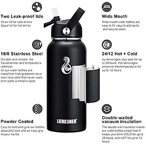 Lumesner Vacuum Insulated Stainless Steel Water Bottle,1200ml/950ml/650ml- 2 Lids (Straw Lid and Spout Lid), 2 Straws Water Bottle (40 oz, Midnight Black)