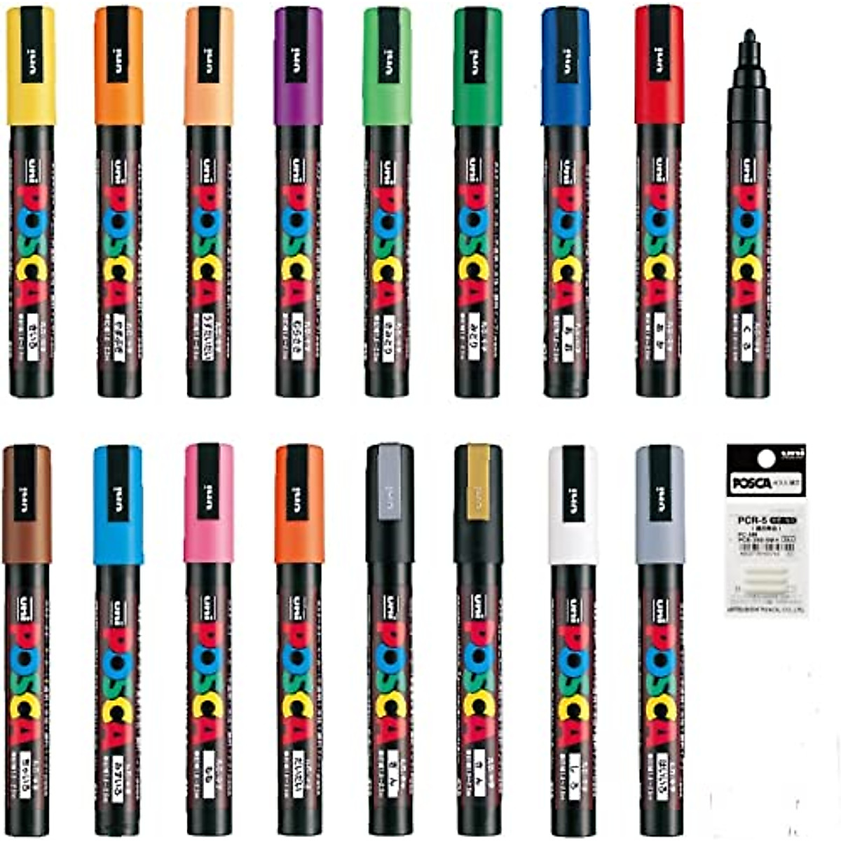 Posca Marker Acrylic Paint Pens Fine Point Tip width 1.8〜2.5mm 17 colors PC-5M, For Rock Painting, Fabric, Glass Paint, Metal Paint Including Pens Tip Refill PCR-5