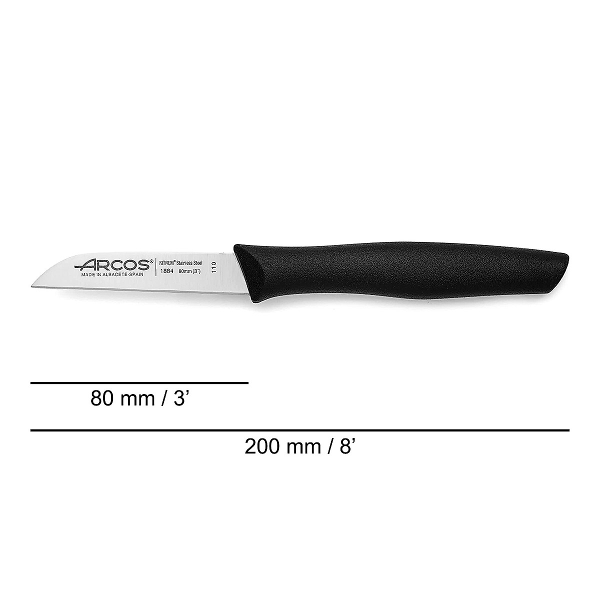 ARCOS Paring knife 3 inches Nitrum Stainless Steel.Paring Knife for Peeling Fruits and Vegetables. Ergonomic Polypropylene Handle and blade 80 mm. Innovation, Elegance. Series Nova. Color Black.