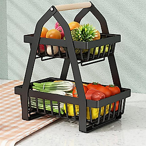 ZUOVAOV 2 Tier Countertop Fruit Basket, Removable Metal Rectangular Wire Basket, Black Vegetable Bread Basket Storage Rack, Kitchen Table Top Fruit Bowl (Black)
