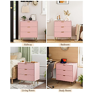 Aobafuir 3 Drawer Dresser for Bedroom, Modern Closet Dressers Chest of Drawers, Storage Dresser Chest Cabinet Organizer Unit, Small Fluted Dresser for Bedroom (Pink Stripe)
