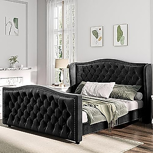 Nathaniel Home King Size Platform Bed Frame with Headboard, Velvet Upholstered Tufted Bed Frame King with Diamond Button Footboard, Bunkie Slats, Easy Assembly, No Box Spring Needed