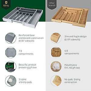 Luxury Bamboo Kitchen Drawer Organizer - Silverware Organizer - Utensil Holder and Cutlery Tray with Grooved Drawer Dividers for Flatware and Kitchen Utensils (9 Slot, Gray)
