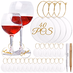 Tondiamo 40 Pcs DIY Wine Charms for Glasses Acrylic Wine Charms with Rings Tags Marker Pen Blank Wine Glass Labels Bulk for Stem Glasses Cocktail Champagne Wedding Dinner Party Favor(Gold, Round)