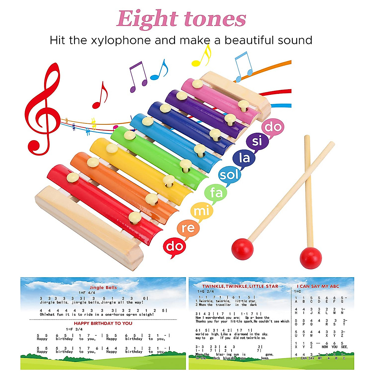 Wooden Xylophone Children's Musical Instruments Toy Wooden 8 Keys Hand Knock with Mallets Preschool Educational Toys Great Gift for Kids Girls and Boys Toddlers Ages 3+
