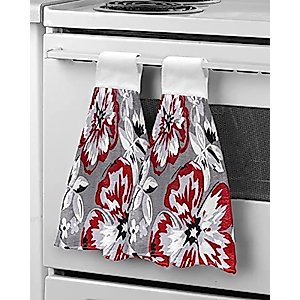 Kitchen Towels with Hanging Loop 2 Pack, Blooming Vintage Flowers Soft Absorbent Hand Towels for Bathroom Bar Home Decor Red Gray Dish Towels Reusable Washable Cleaning Cloth